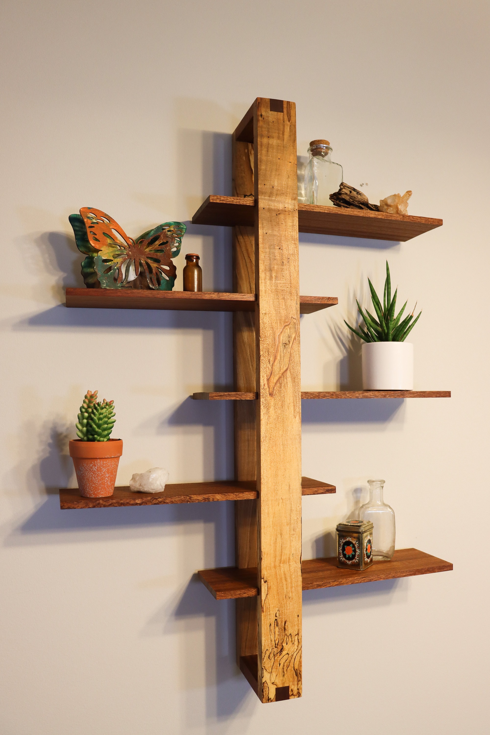 Handcrafted MCM Floating Shelf: Spalted Maple & Mahogany Wall Decor - Etsy