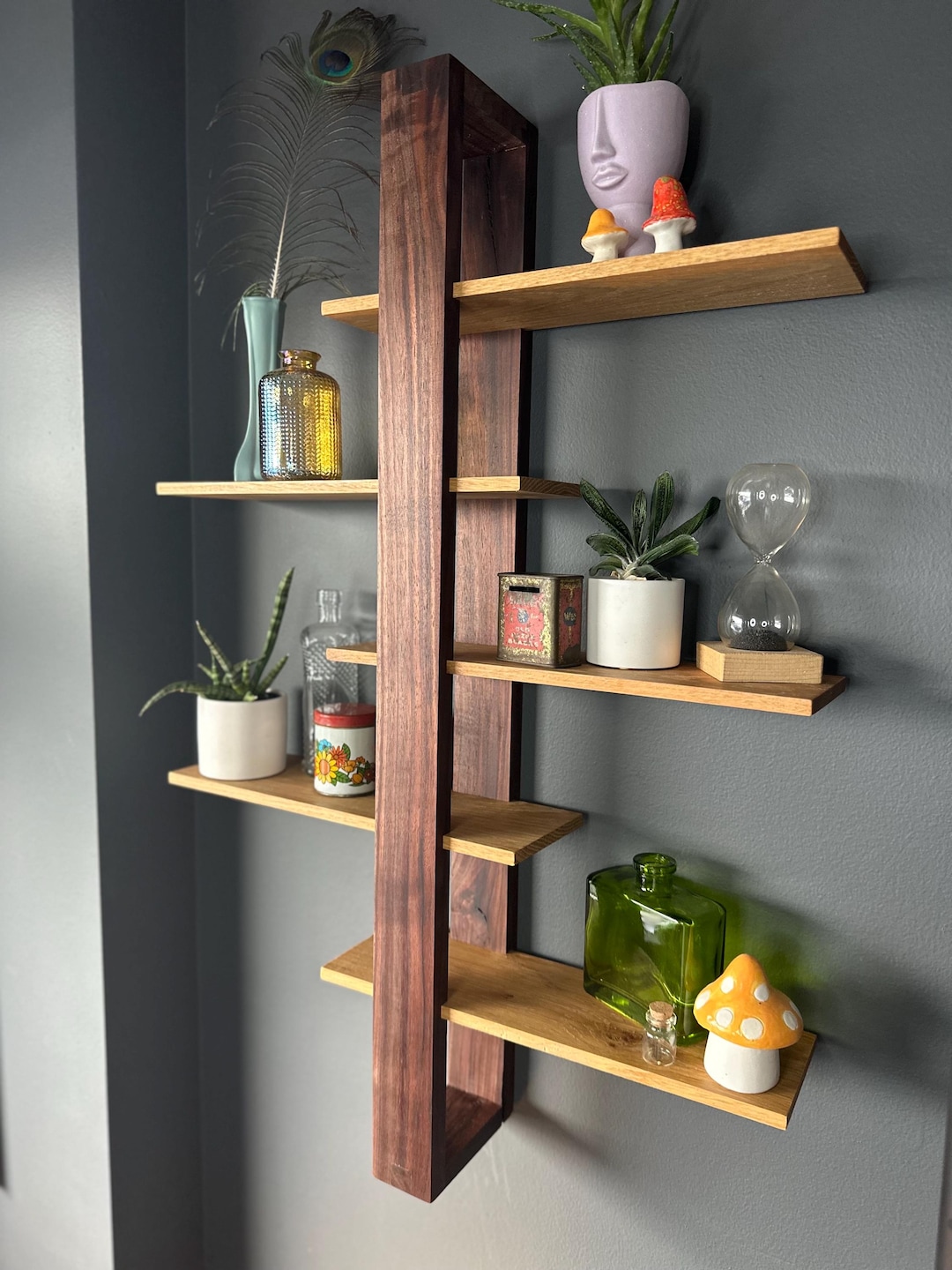 Handcrafted MCM Floating Shift Shelves - Two Tone Solid Wood Wall Decor for Plants, Trinkets ...