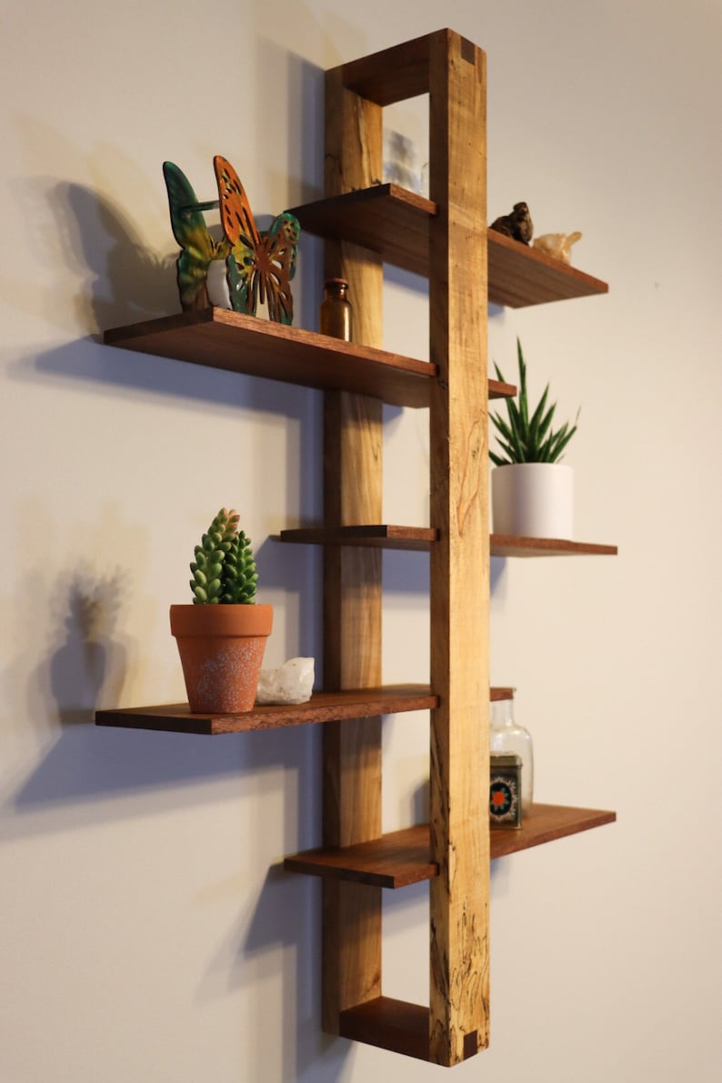 Handcrafted MCM Floating Shelf: Spalted Maple & Mahogany Wall Decor - Etsy
