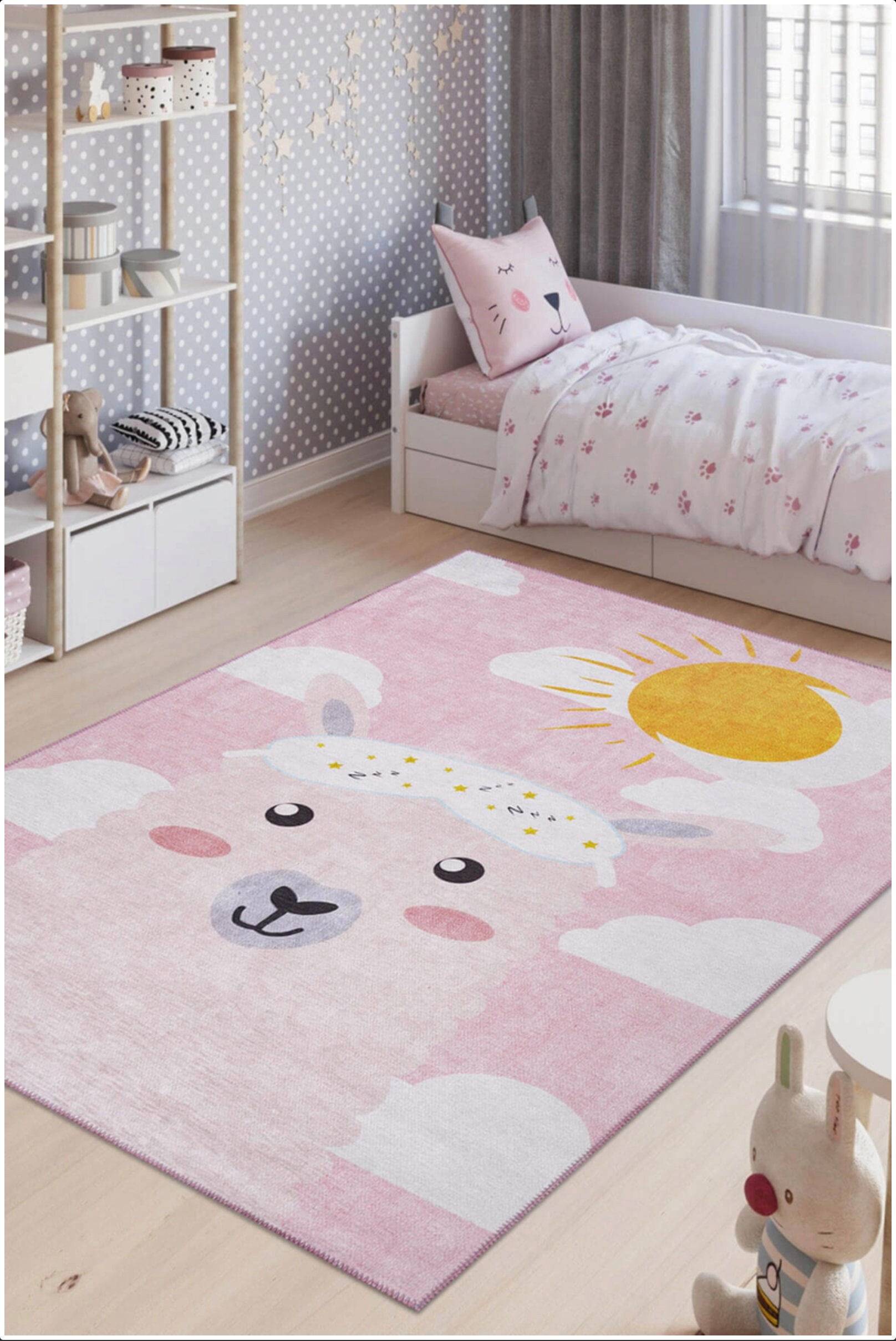 Pink Nursery Rug for Girls, Lama and Sun, Nursery Rug Round, Kid's Room ...