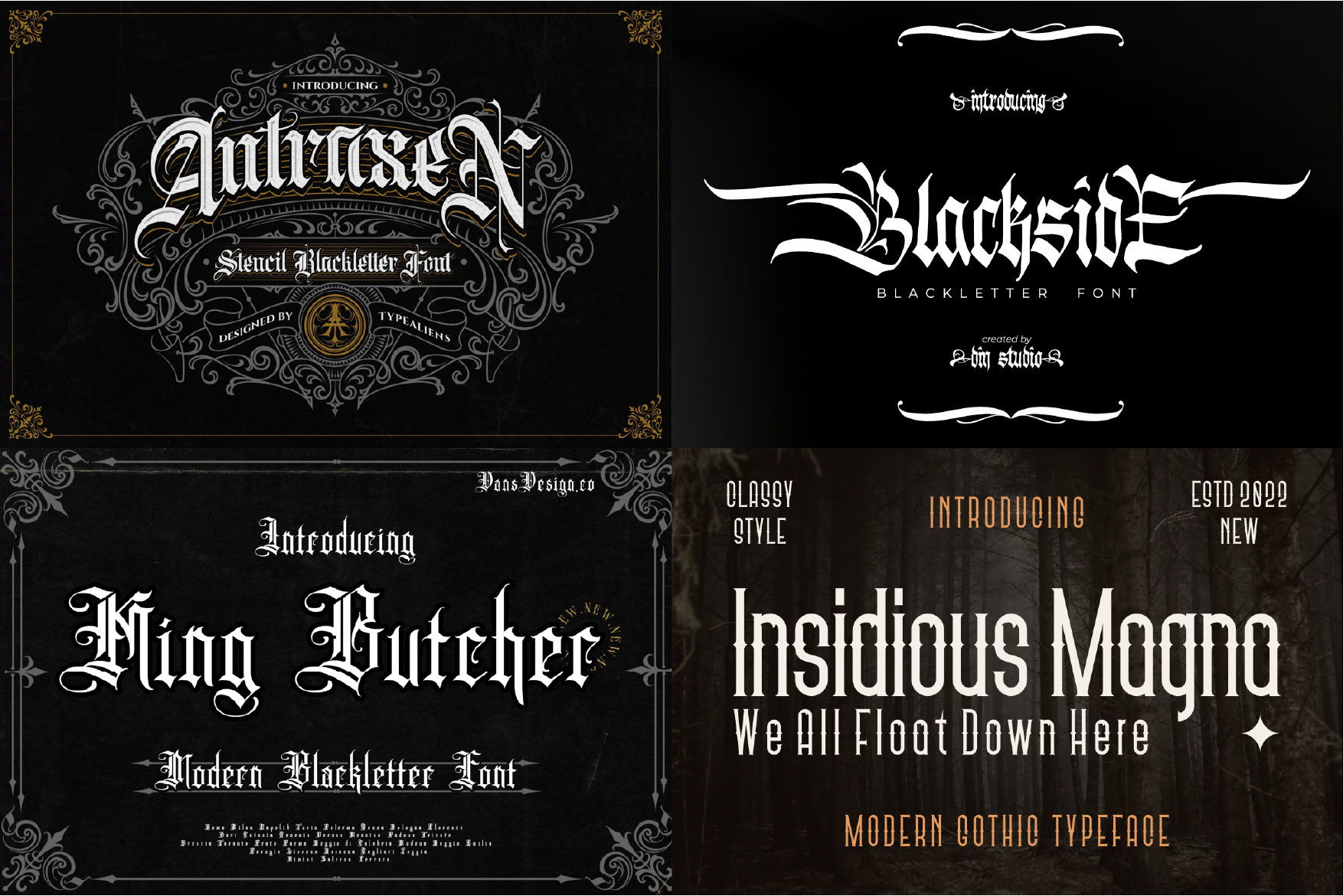 4 Gothic Tattoo Blackletter Typeface Font 2 Antraxsen, Blackside, King Butcher, Insidious Magna ...