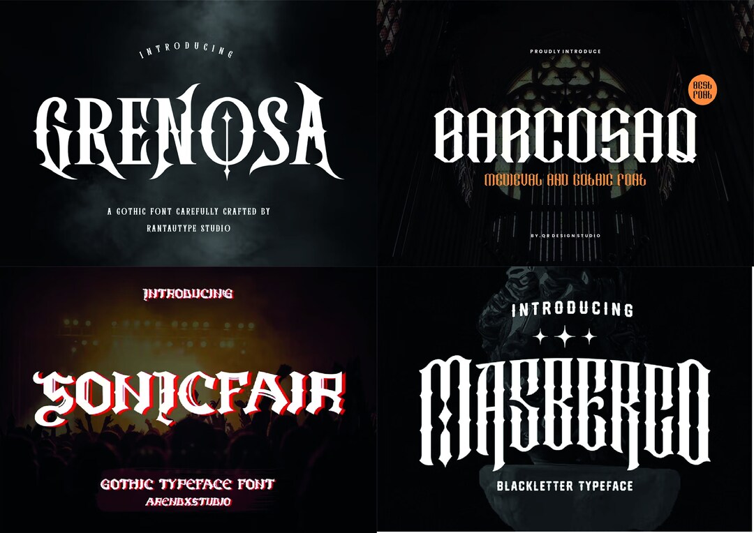 4 Gothic Typeface Font - Grenosa, Barcosaq, Sonicfair, Masberco - Etsy