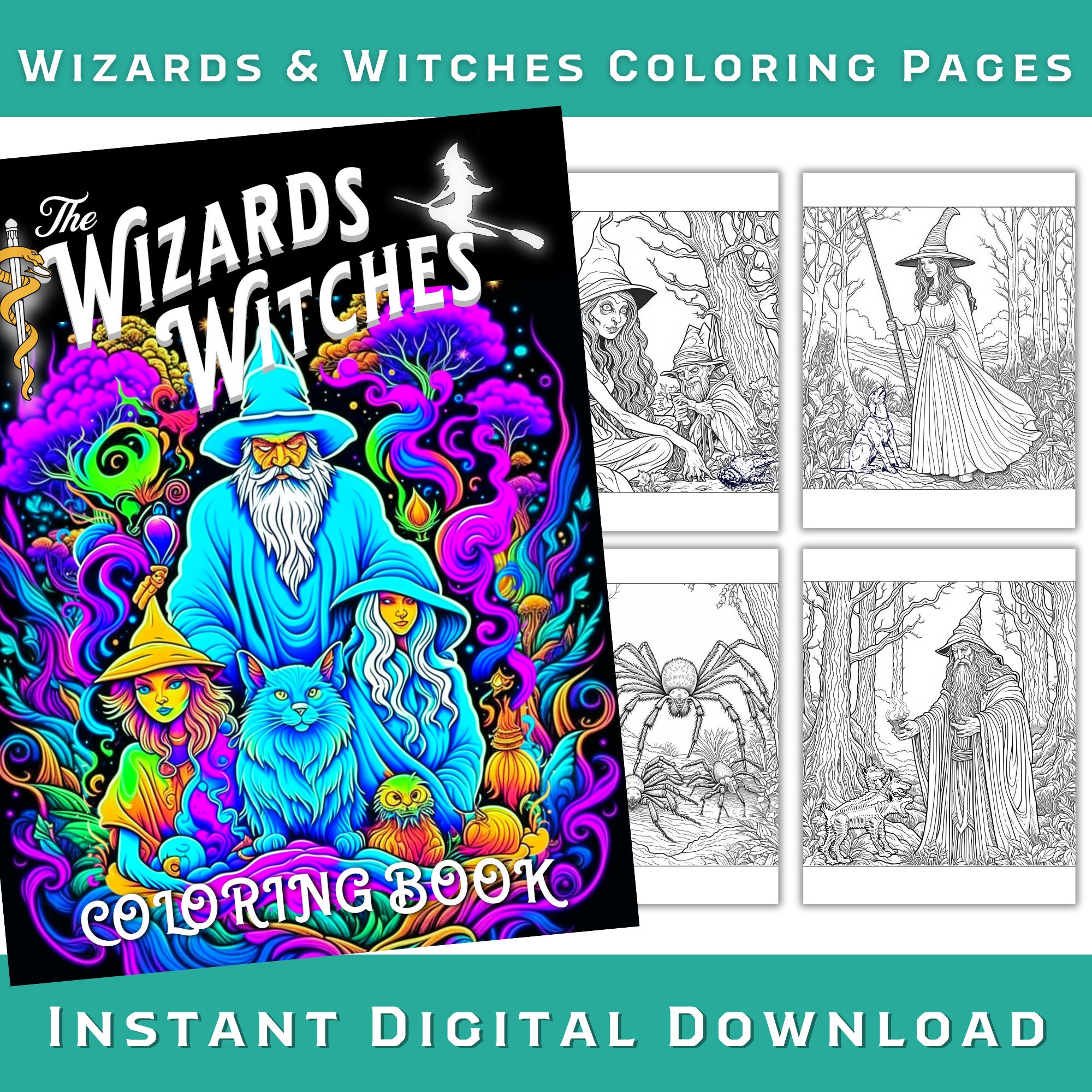 Wizards & Witches Coloring Pages With Fairies Castles and - Etsy