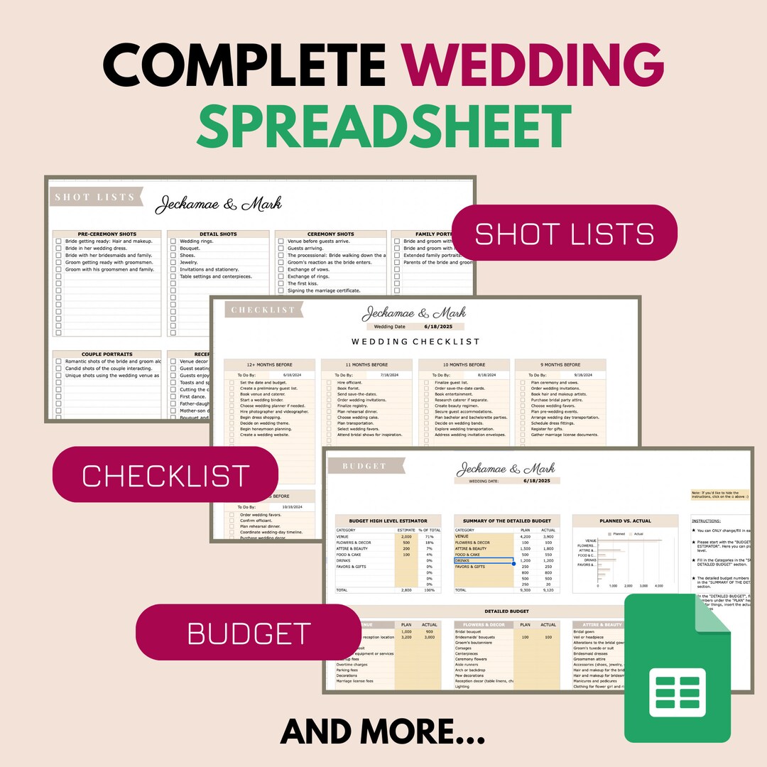 Wedding Planner Spreadsheet, Budget Tracker, Wedding Organization Tool ...