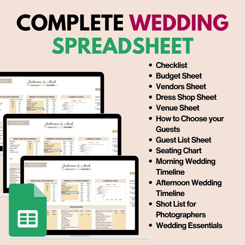 Wedding Planner Spreadsheet, Budget Tracker, Wedding Organization Tool ...