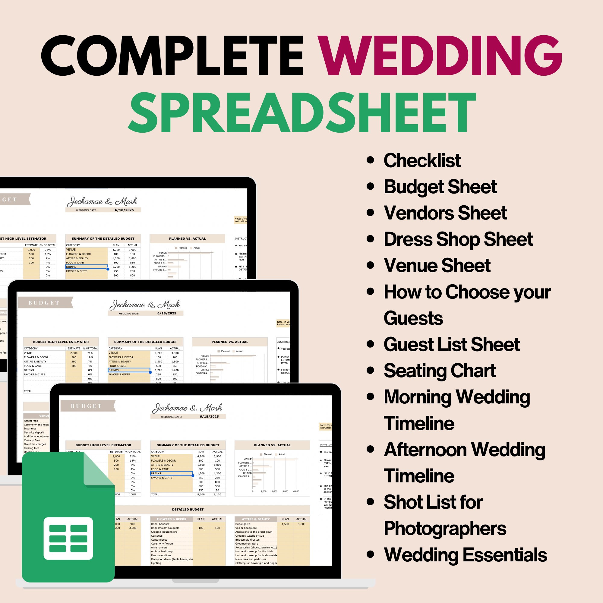 Wedding Planner Spreadsheet, Budget Tracker, Wedding Organization Tool ...