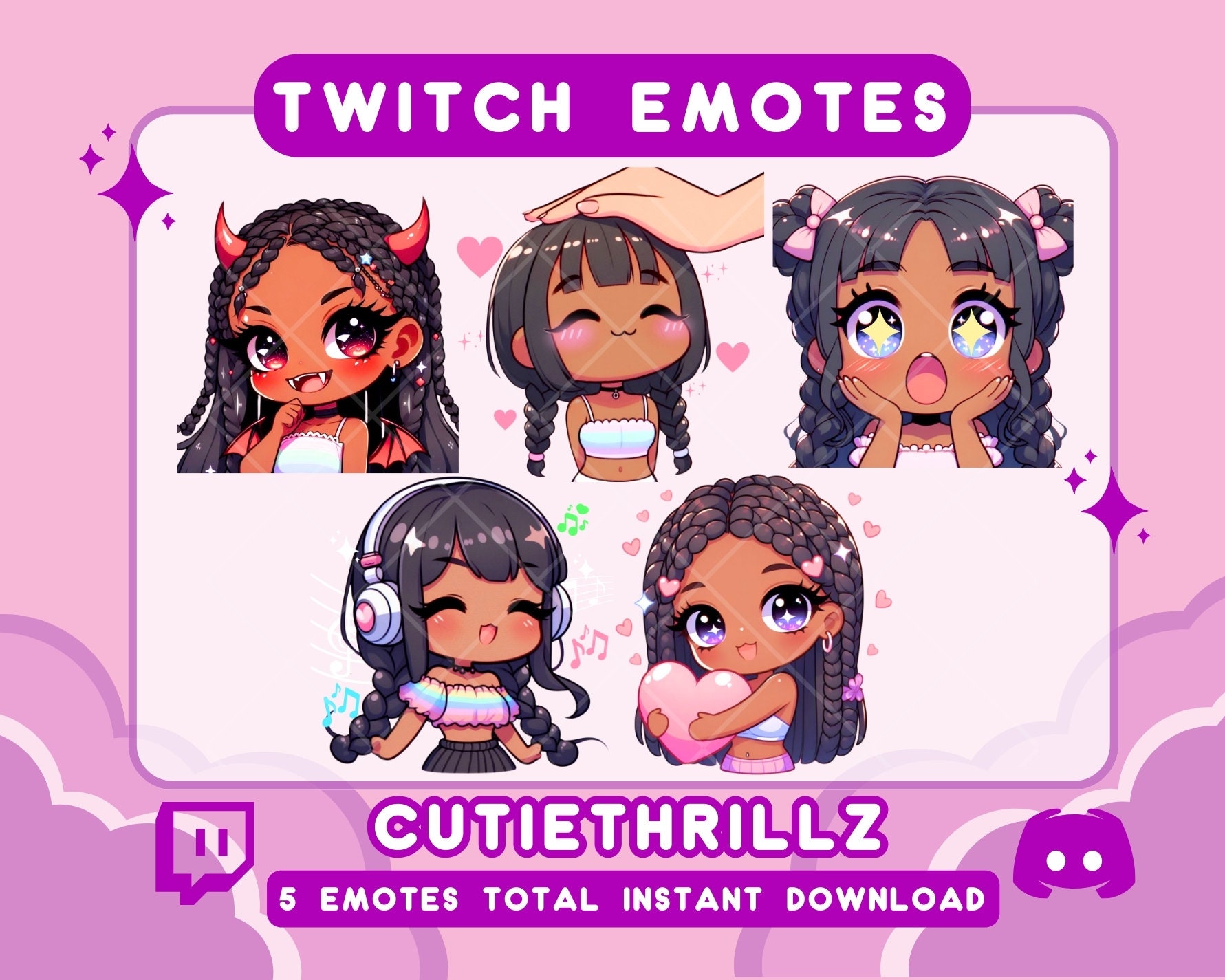 Cute Black Girl Kawaii Twitch Emotes Pack Aesthetic | Custom Made ...