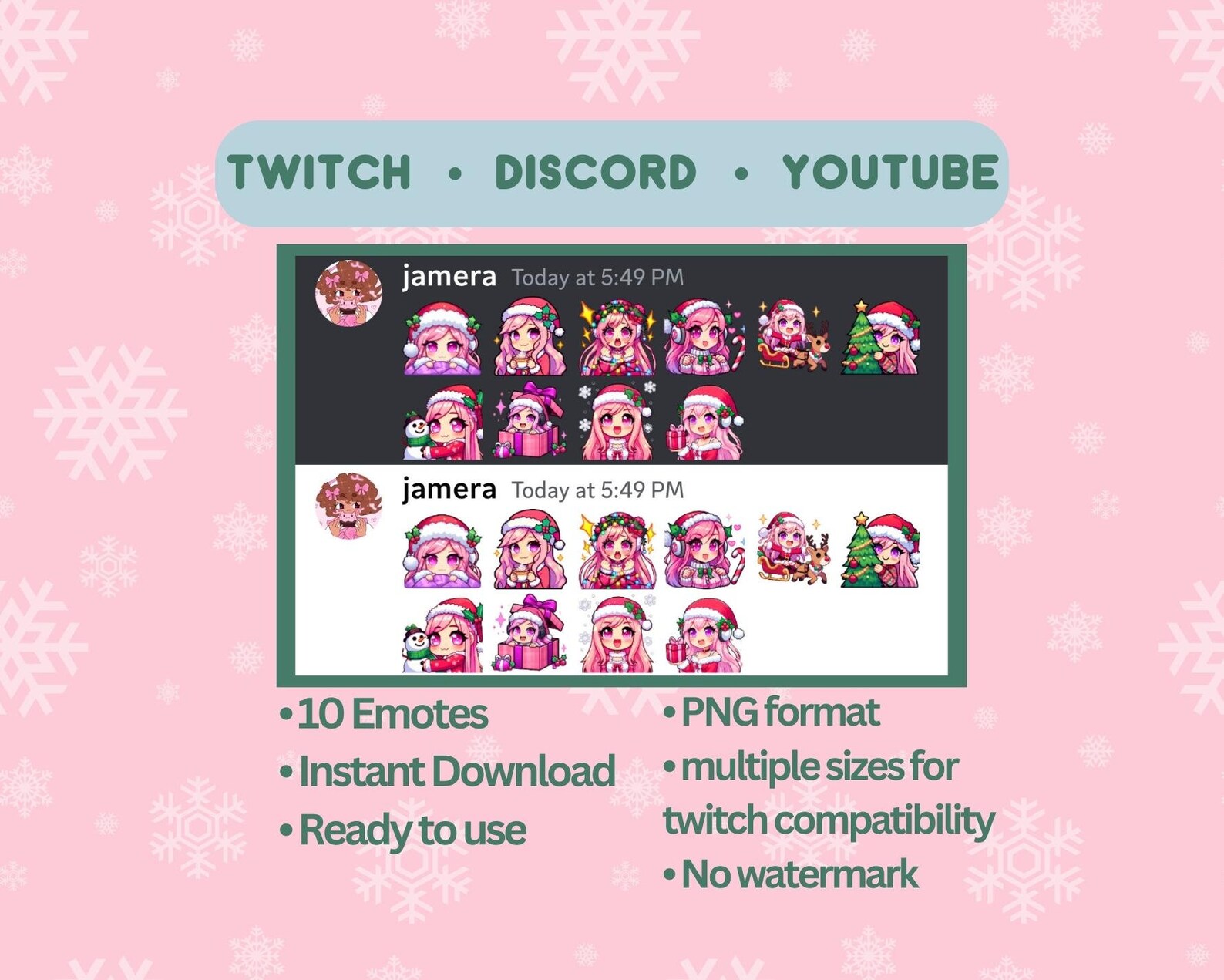 Kawaii Christmas Girl Emotes for Twitch and Discord | Pink Hair Anime ...