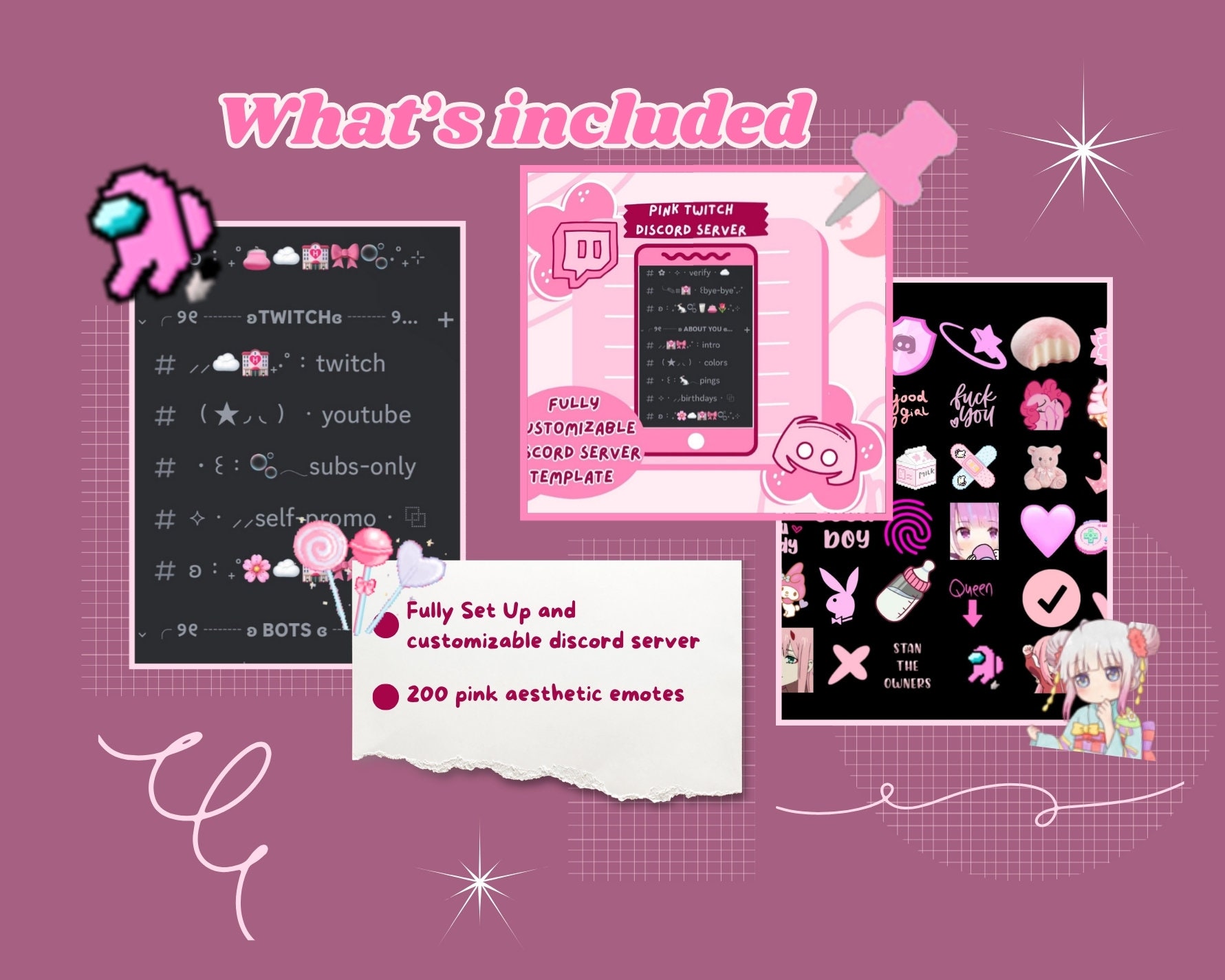 Pink Aesthetic Discord Server Bundle With 200 Emotes | Discord Server ...