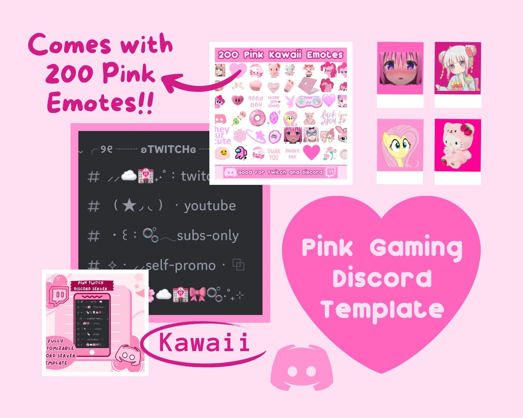 Kawaii Pink Discord Server Template With 200 Emotes Discord Server ...