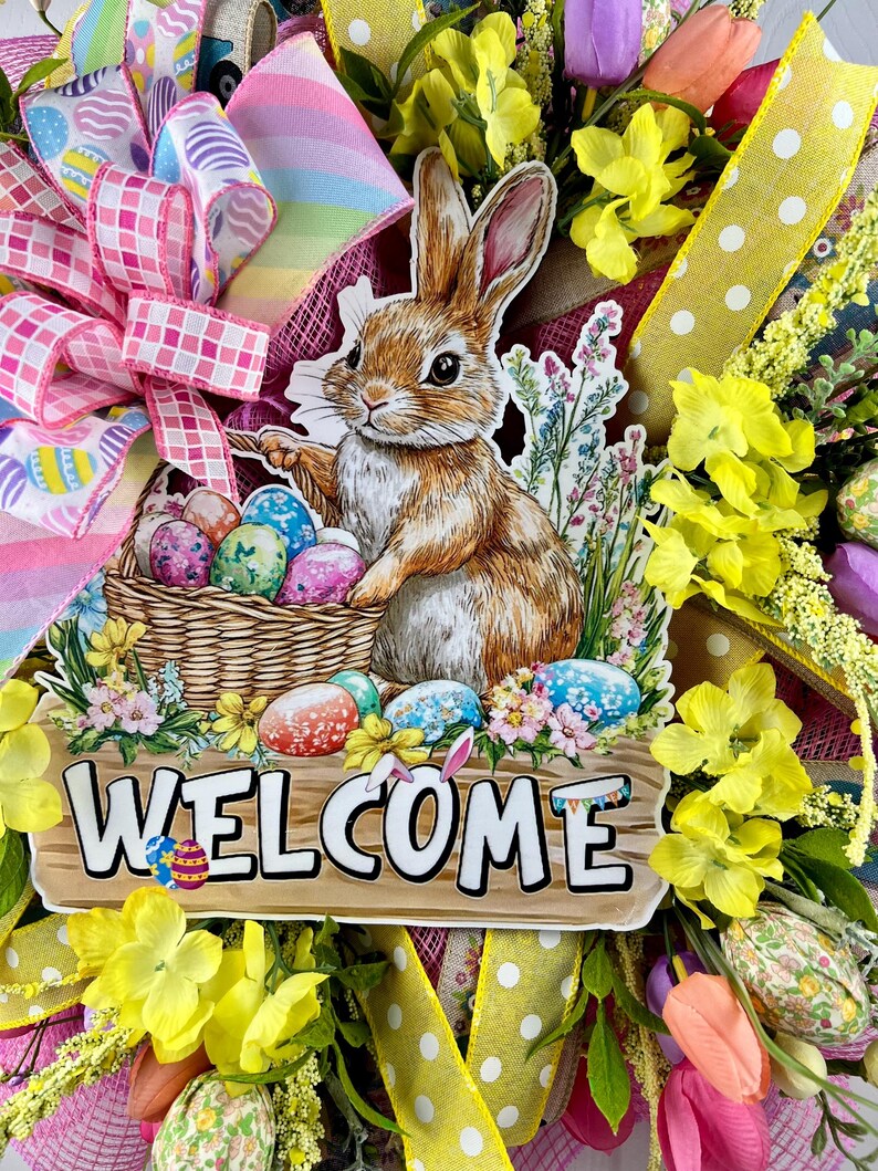 Easter Bunny Wreath, Spring Door Decor With Eggs and Florals - Etsy