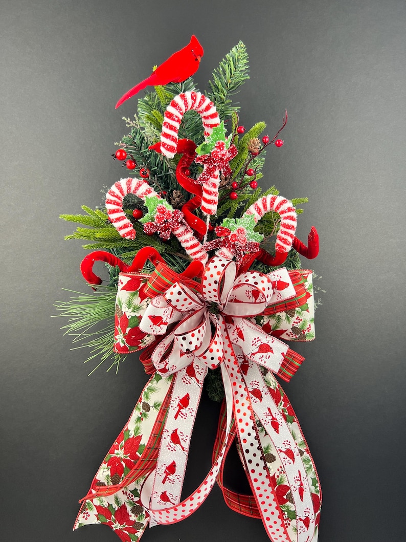 Cardinal Christmas Tree Topper | Red & White Holiday Bow | Peppermint ...