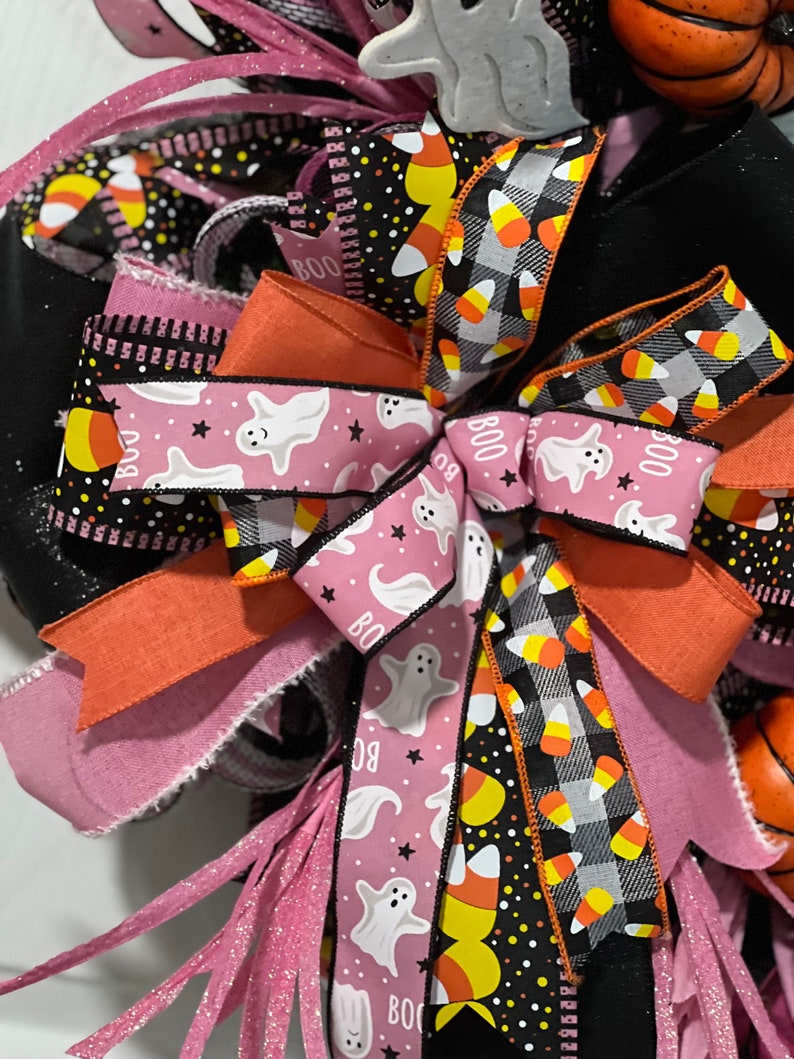 Halloween Wreath, Ghost Wreath, Pink Halloween Decor, Candy Corn and Pink Halloween, Chic ...