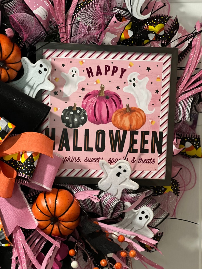 Halloween Wreath, Ghost Wreath, Pink Halloween Decor, Candy Corn and Pink Halloween, Chic ...