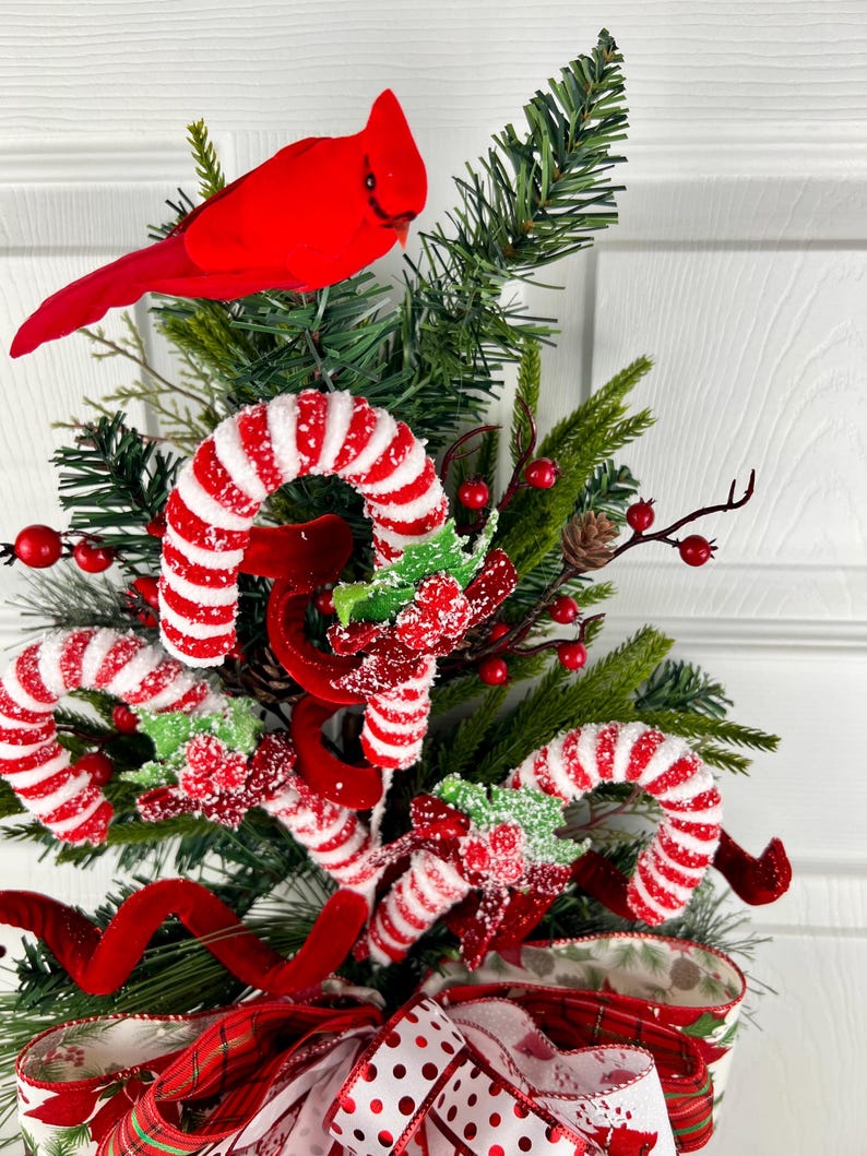 Cardinal Christmas Tree Topper | Red & White Holiday Bow | Peppermint ...
