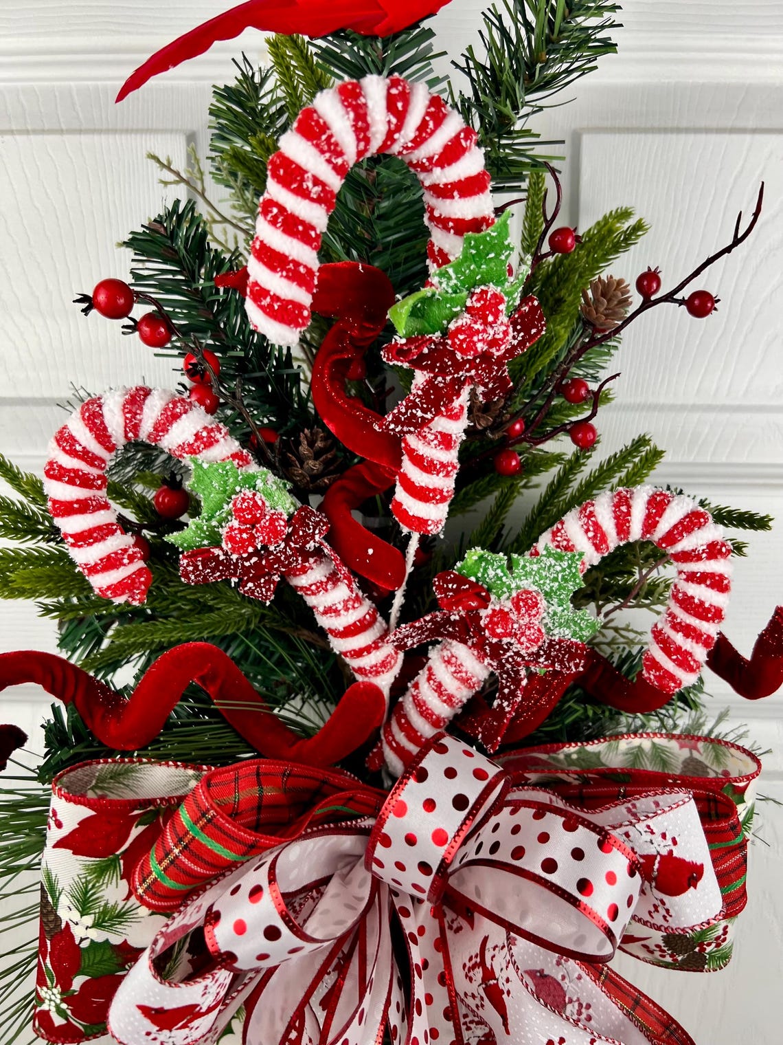 Cardinal Christmas Tree Topper | Red & White Holiday Bow | Peppermint ...