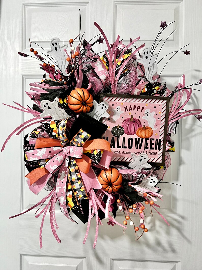 Halloween Wreath, Ghost Wreath, Pink Halloween Decor, Candy Corn and Pink Halloween, Chic ...