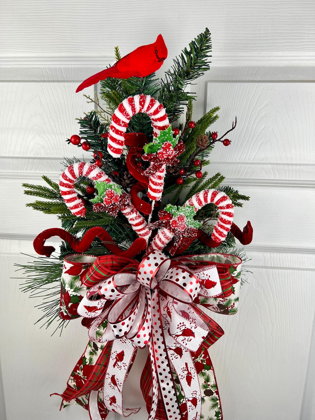 Cardinal Christmas Tree Topper | Red & White Holiday Bow | Peppermint ...