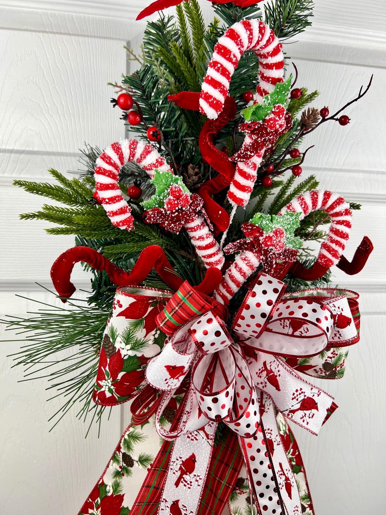 Cardinal Christmas Tree Topper | Red & White Holiday Bow | Peppermint ...