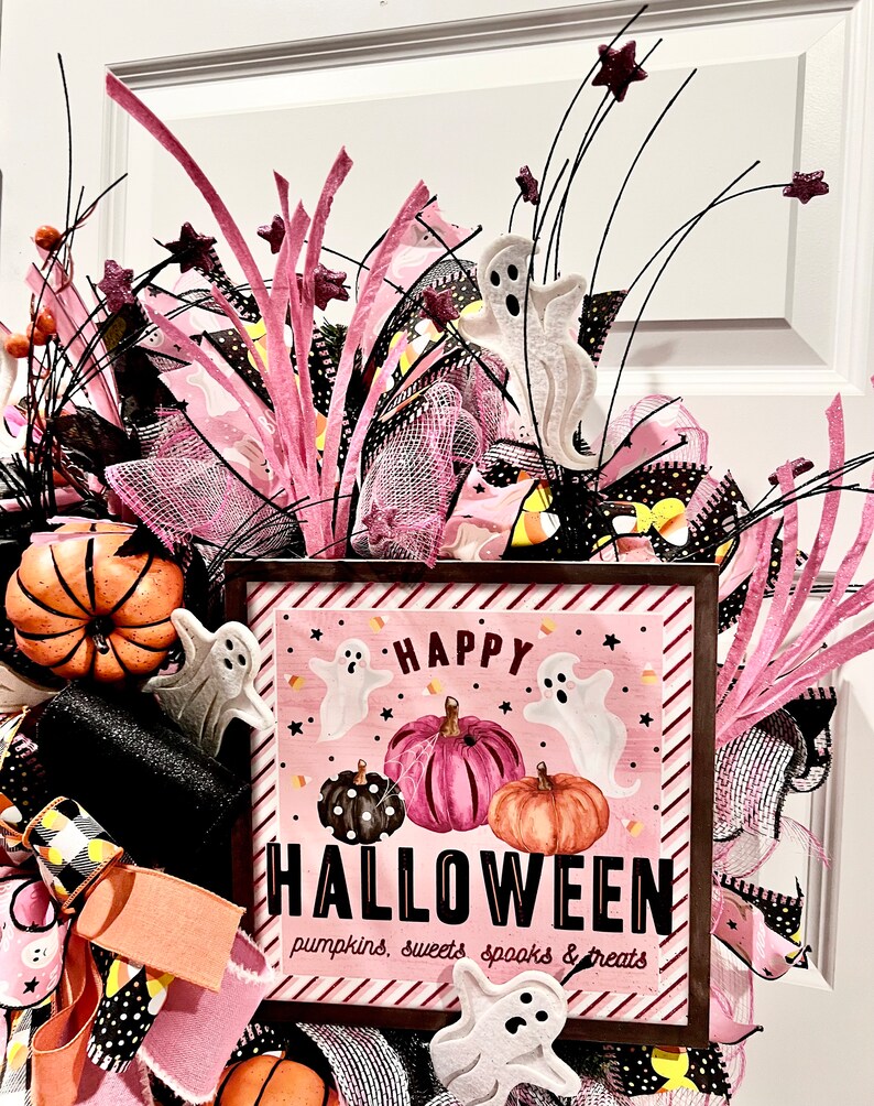 Halloween Wreath, Ghost Wreath, Pink Halloween Decor, Candy Corn and Pink Halloween, Chic ...