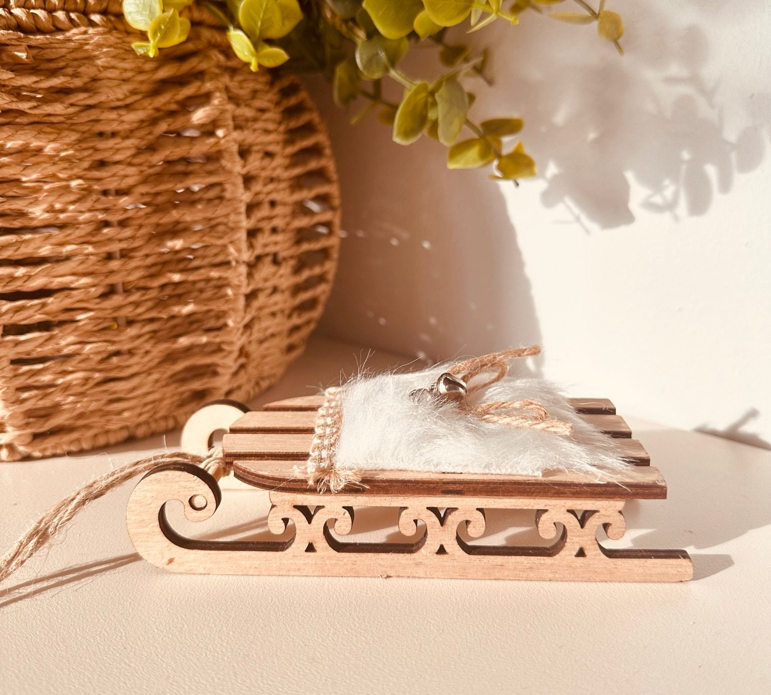 Wooden Santa Sleigh Sled Bells Christmas Tree Bauble Decoration Boho ...