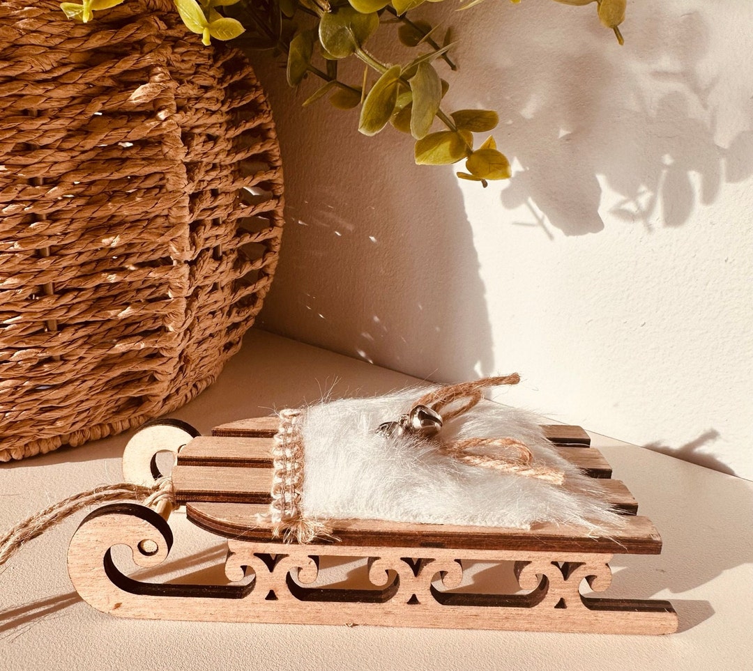 Wooden Santa Sleigh Sled Bells Christmas Tree Bauble Decoration Boho ...