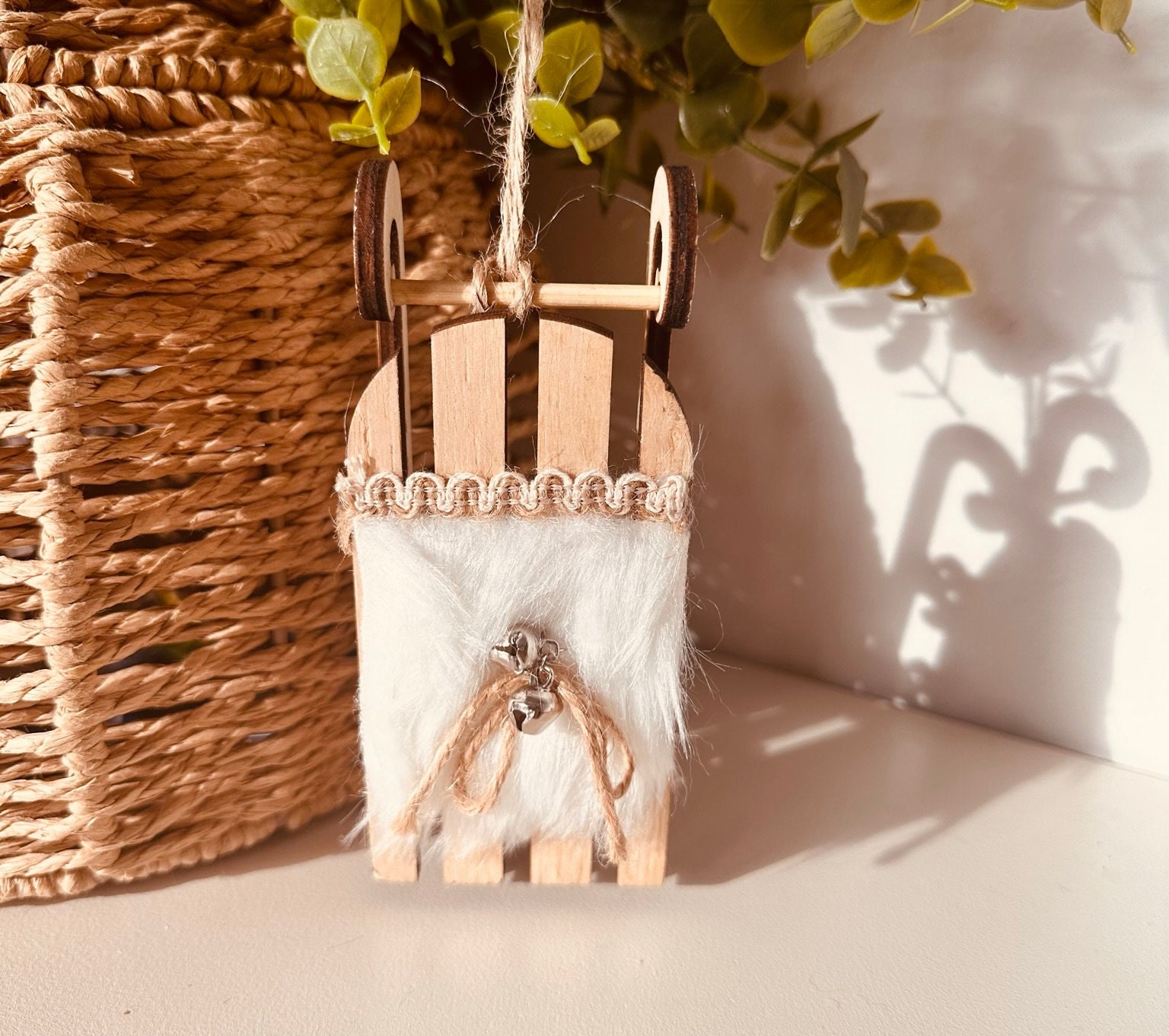 Wooden Santa Sleigh Sled Bells Christmas Tree Bauble Decoration Boho ...