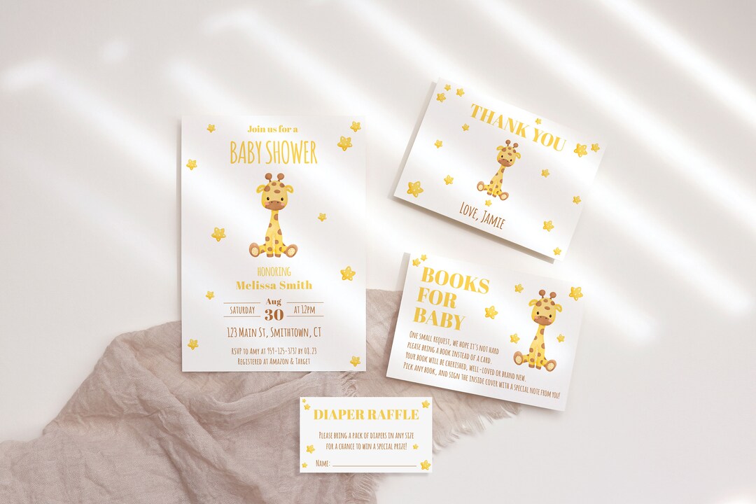 Editable Baby Giraffe Baby Shower Invitation Bundle Pack, Personalized ...