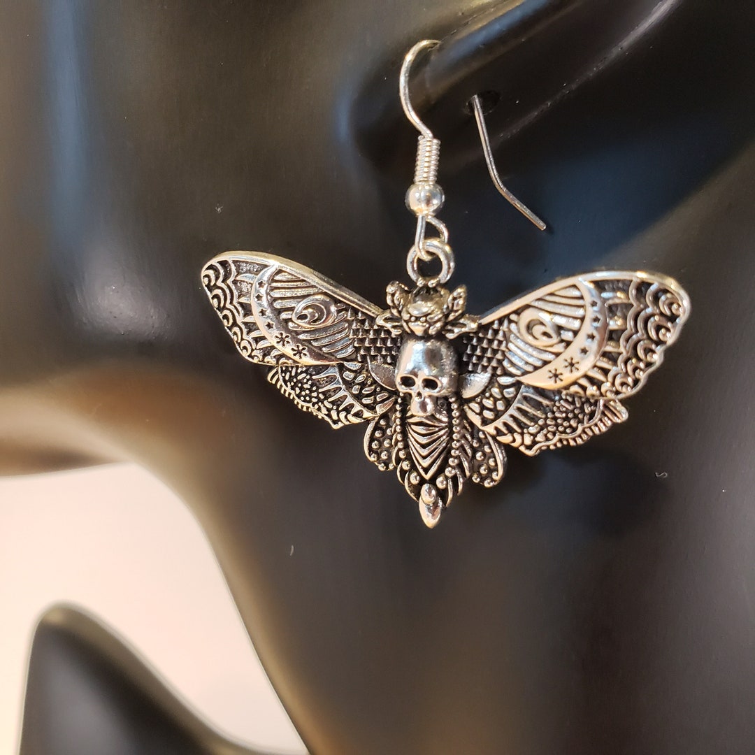 Death Head Skull Moth Hawkmoth Antique Silver Dangle Charm Earrings ...