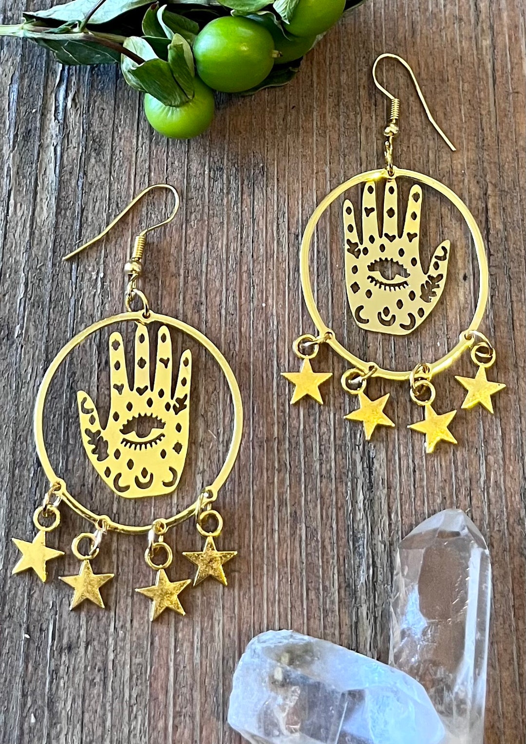 Fun Gold Palmistry Hand With Stars Dangle Charm Earrings Goth Great ...