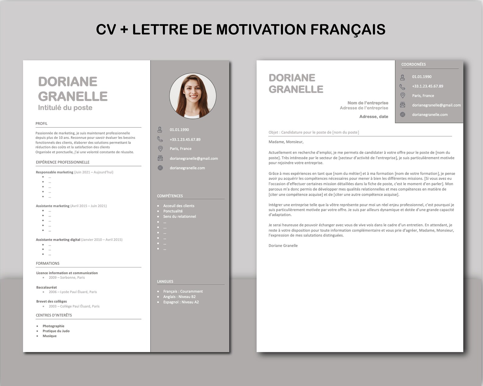 CV Professionnel Français | Modèle de CV Gris clair | Curriculum Vitae ...