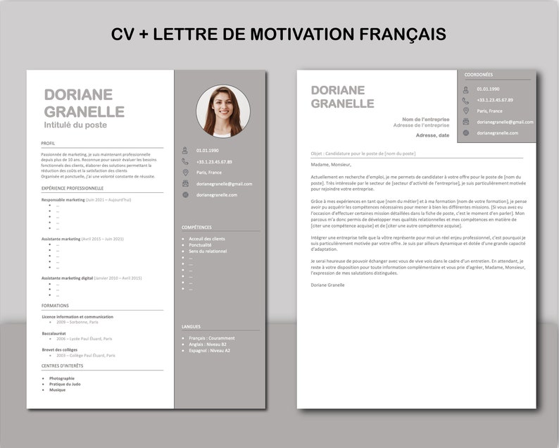 French Professional Resume Light Gray Resume Template Curriculum Vitae ...