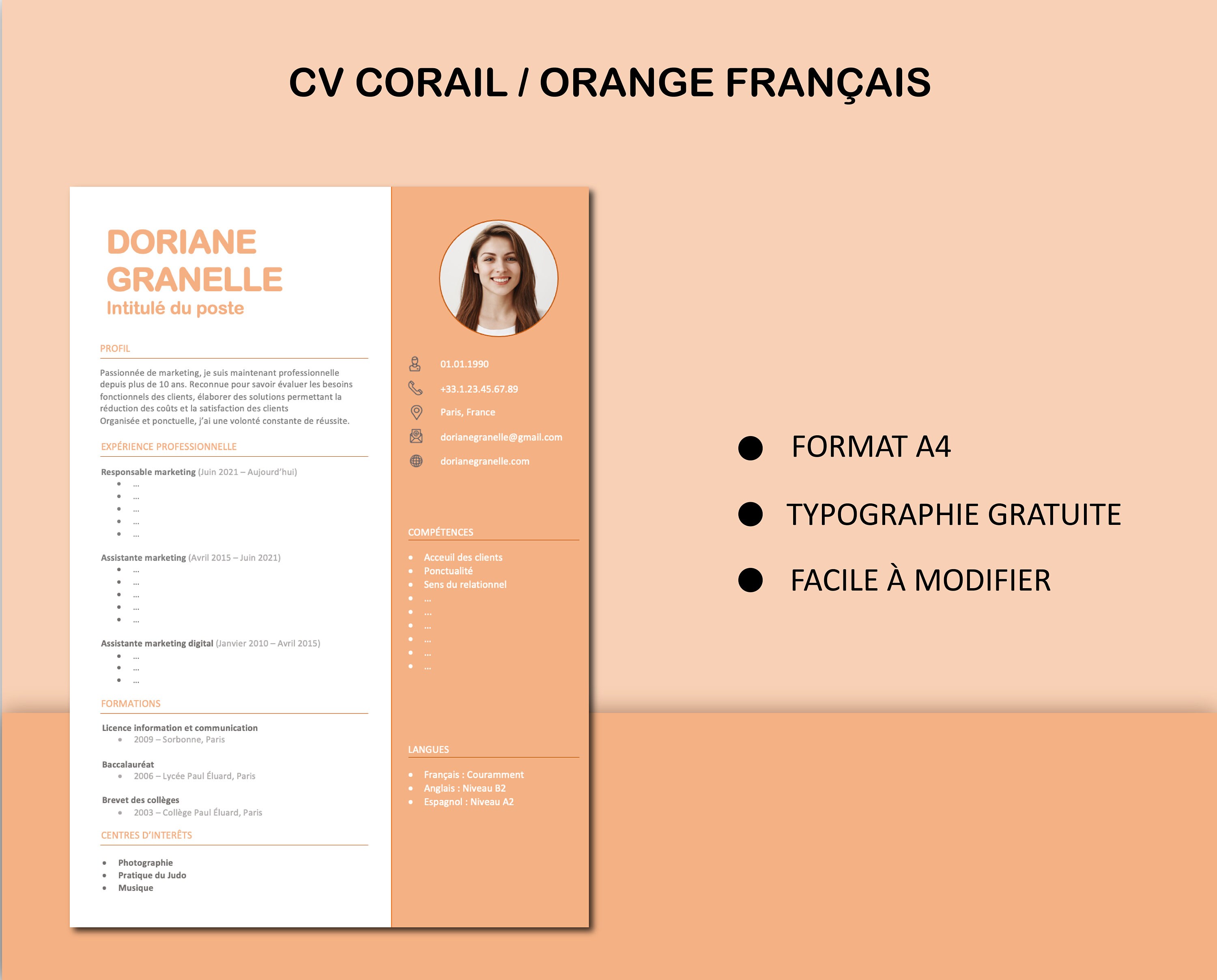French Professional Resume Coral/orange Resume Template Curriculum ...