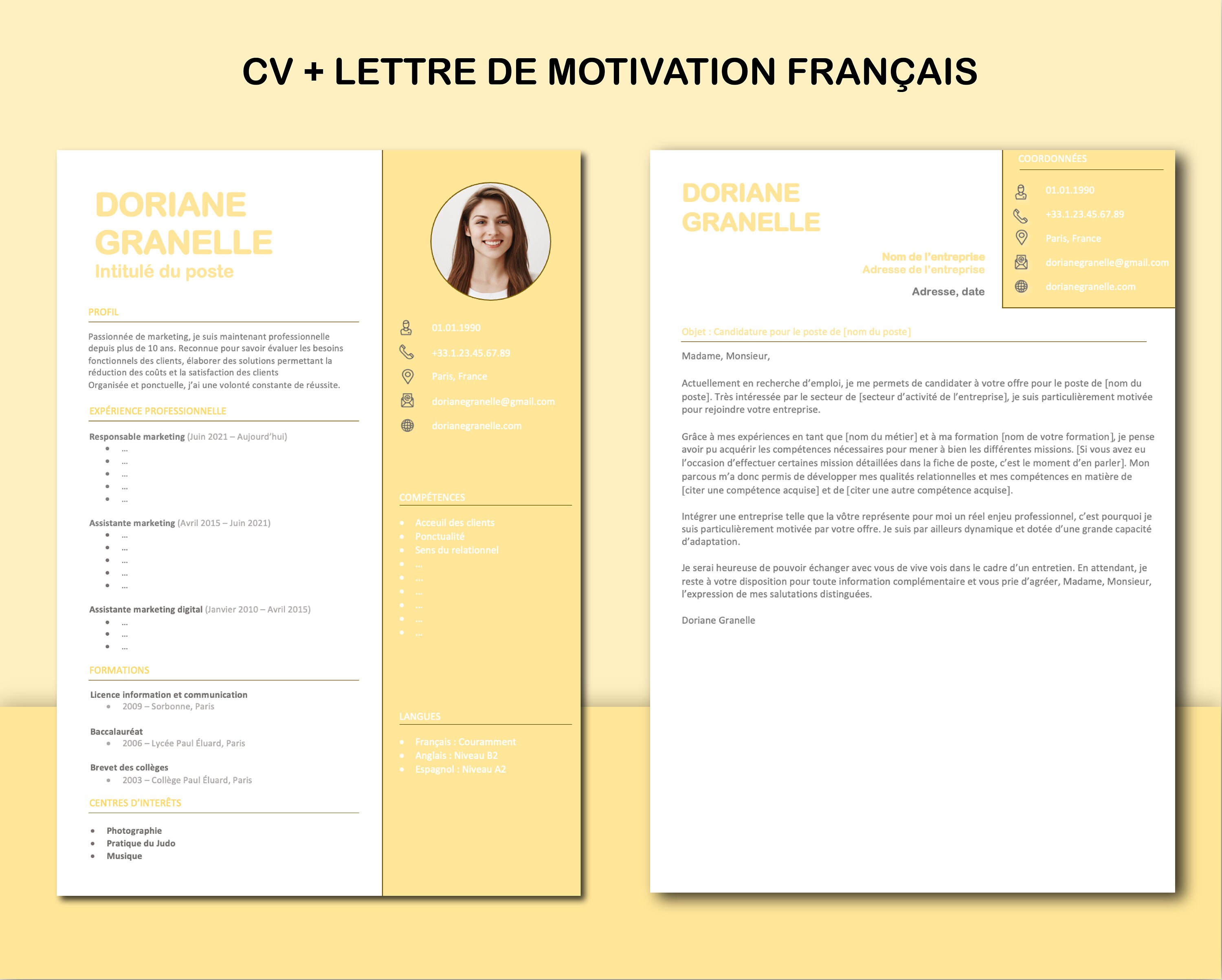 CV Professionnel Français Modèle De CV Jaune Curriculum - Etsy