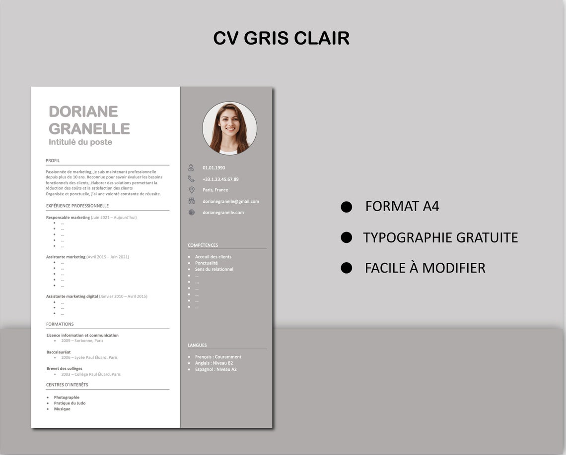 CV Professionnel Français Modèle de CV Gris clair Curriculum Vitae Word ...
