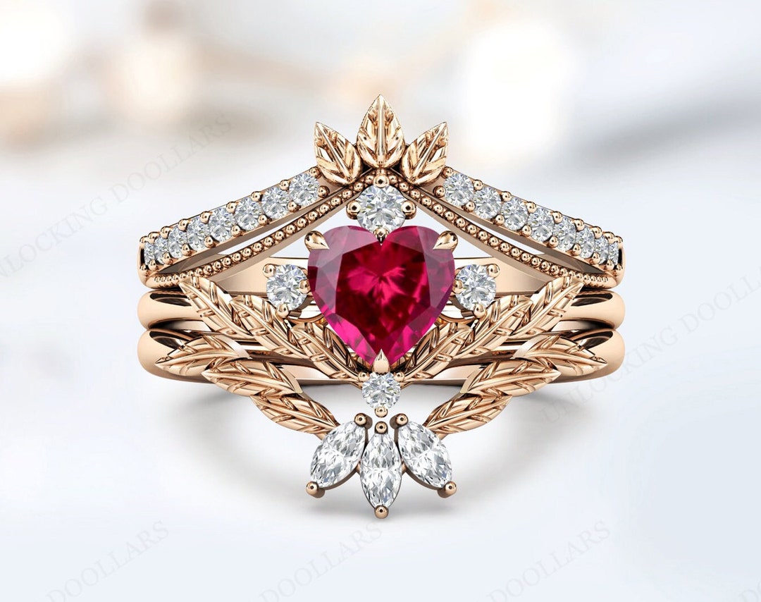Unique Ruby Gemstone Engagement Ring Set Vintage Heart Shaped Ruby ...