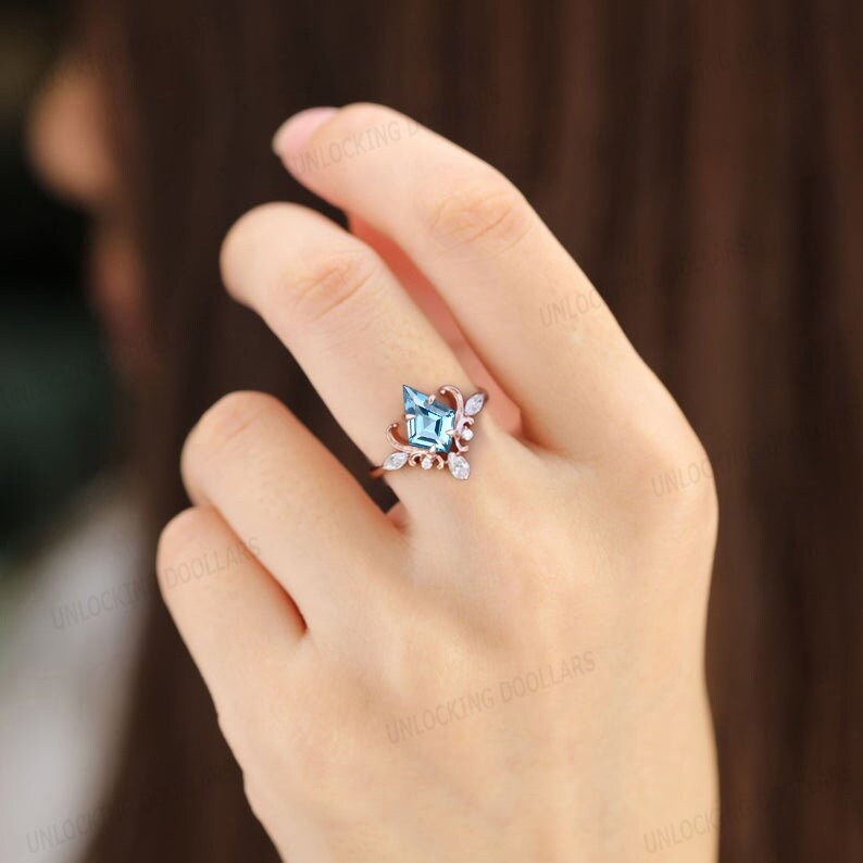 14K Gold Sky Blue Topaz Engagement Ring for Women Art Deco Kite Shape Topaz Bridal Ring Antique ...