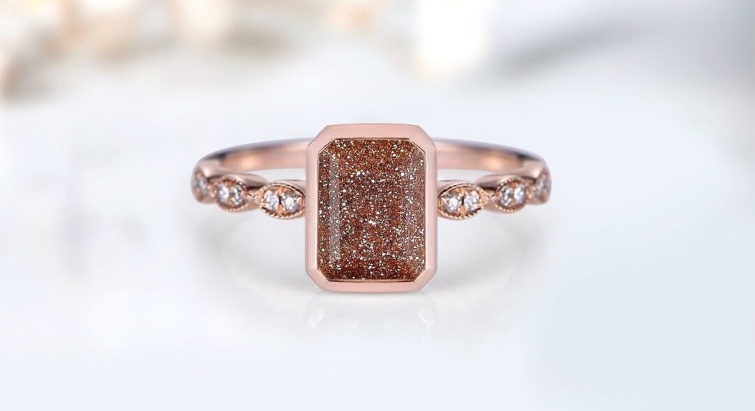 Emerald Cut Goldstone Wedding Ring 14K Gold Brown Gemstone Ring Vintage ...