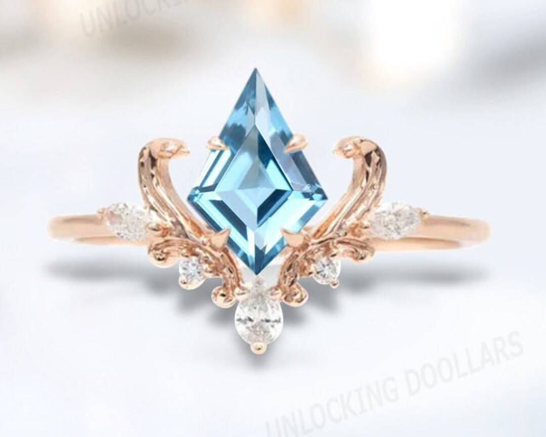 14K Gold Sky Blue Topaz Engagement Ring for Women Art Deco Kite Shape ...