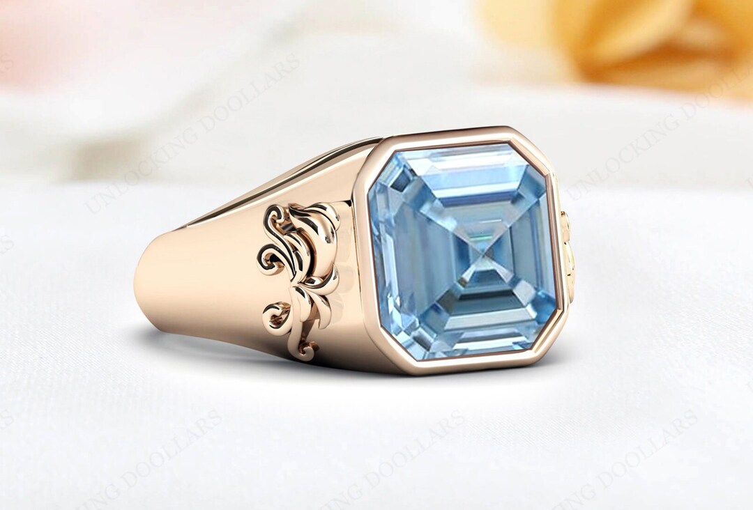 7.ct Asscher Cut Aquamarine Ring for Men Vintage Gemstone Signet Ring ...