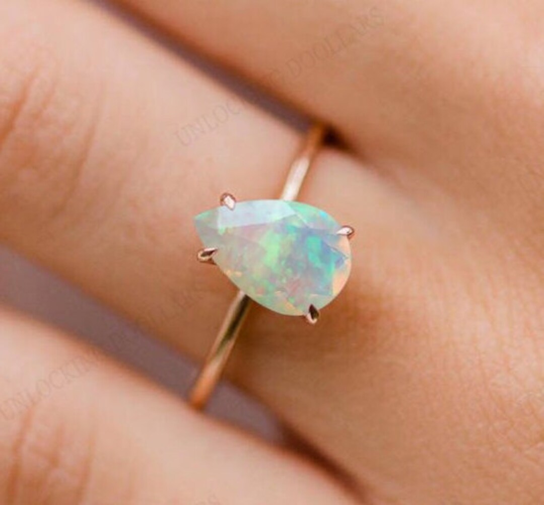 Unique Opal Solitaire Engagement Ring Pear Cut Opal Dainty Wedding ...
