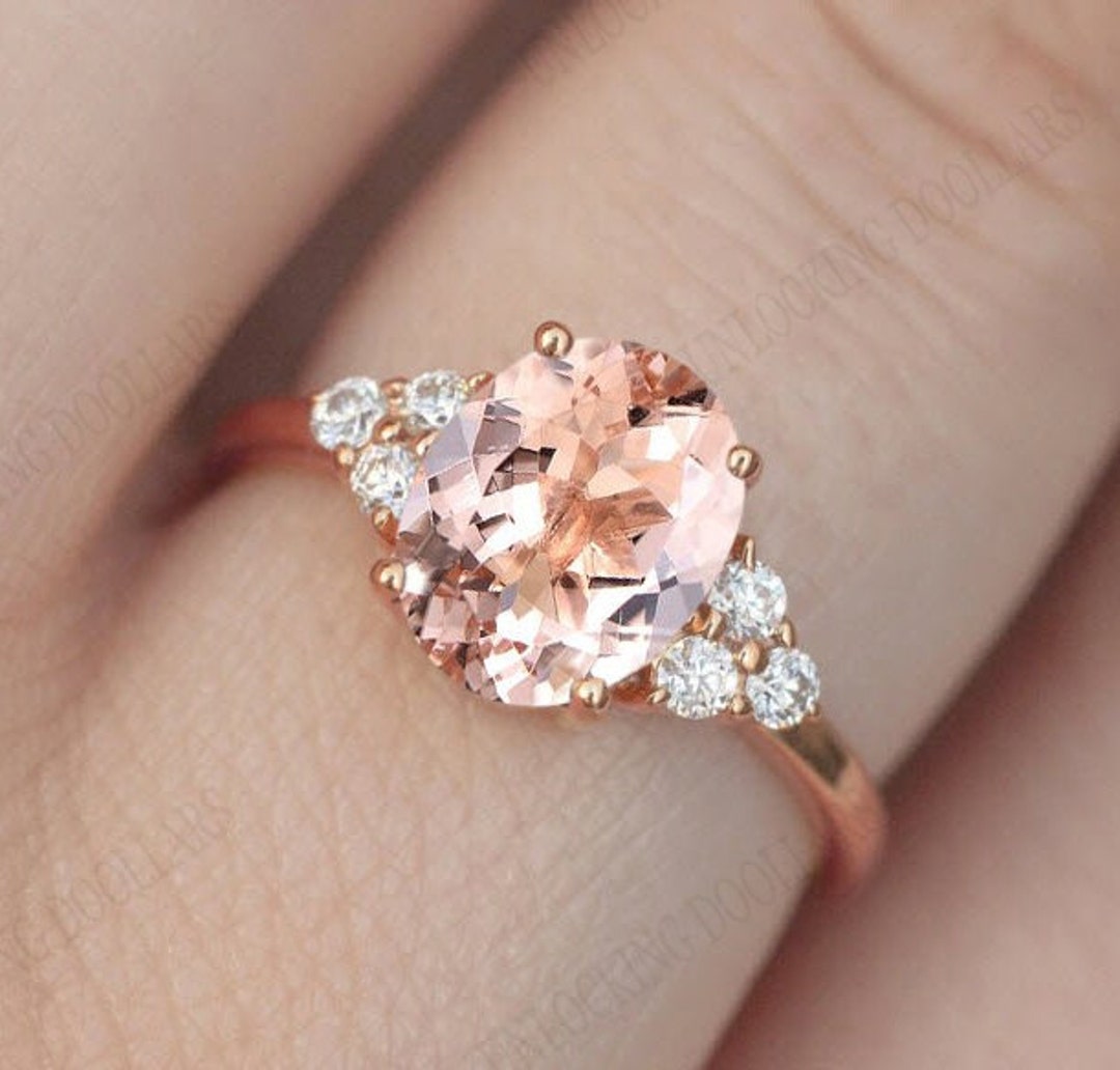 14K Gold Morganite Engagement Ring for Women Art Deco Cluster Weddding ...