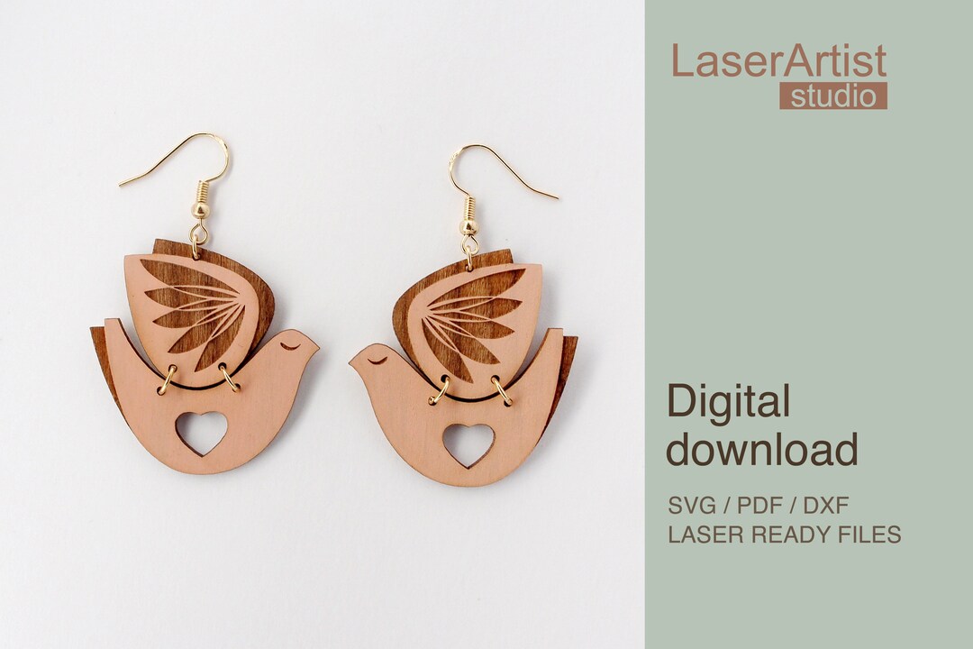 Bird With Heart Earring Laser Cut File, Earring DIGITAL DOWNLOAD FILE ...