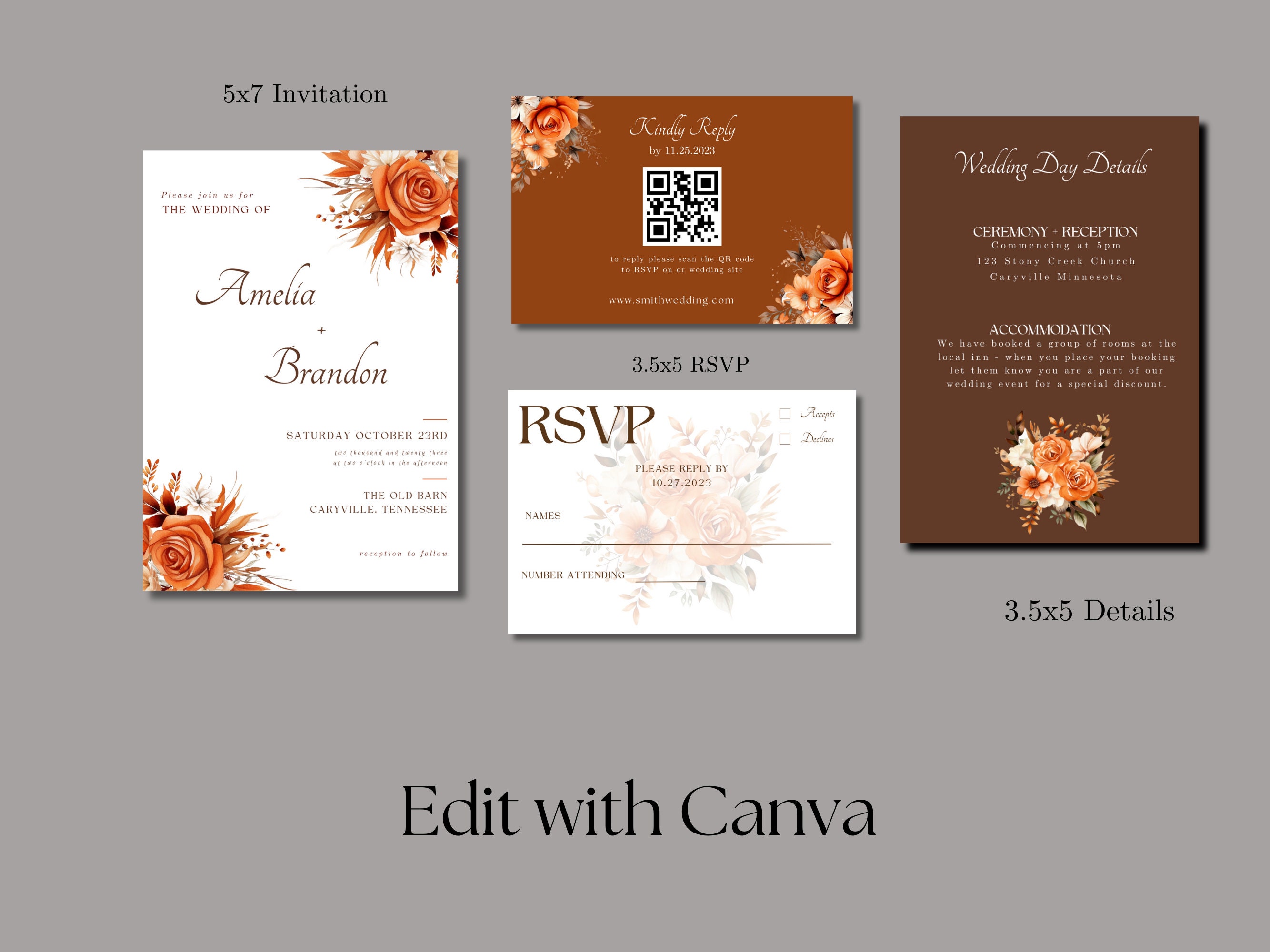 Rust Wedding Invitation Template Set | Editable Wedding Invitaton With ...