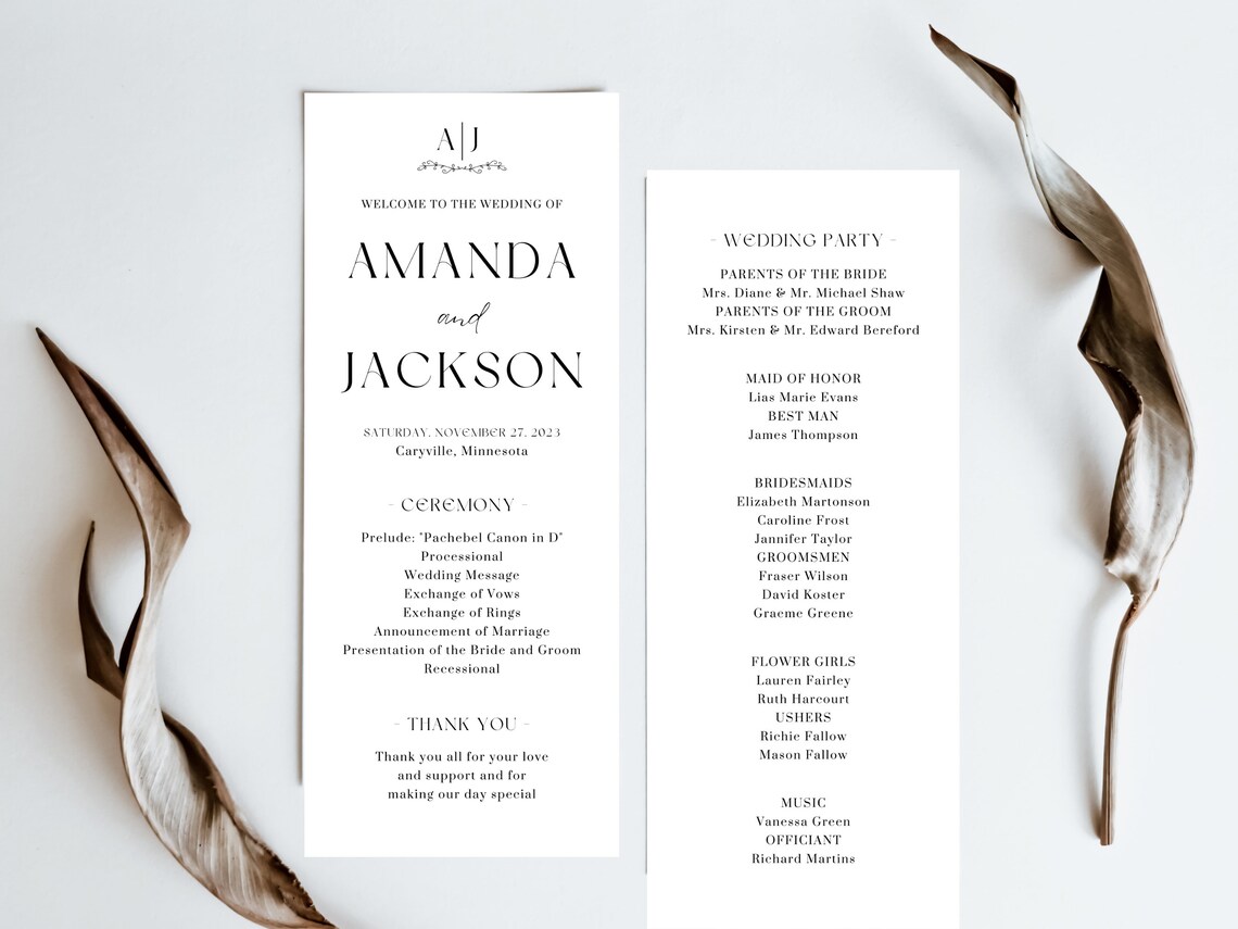 Modern Minimalist Wedding Program Template Monogram Wedding - Etsy