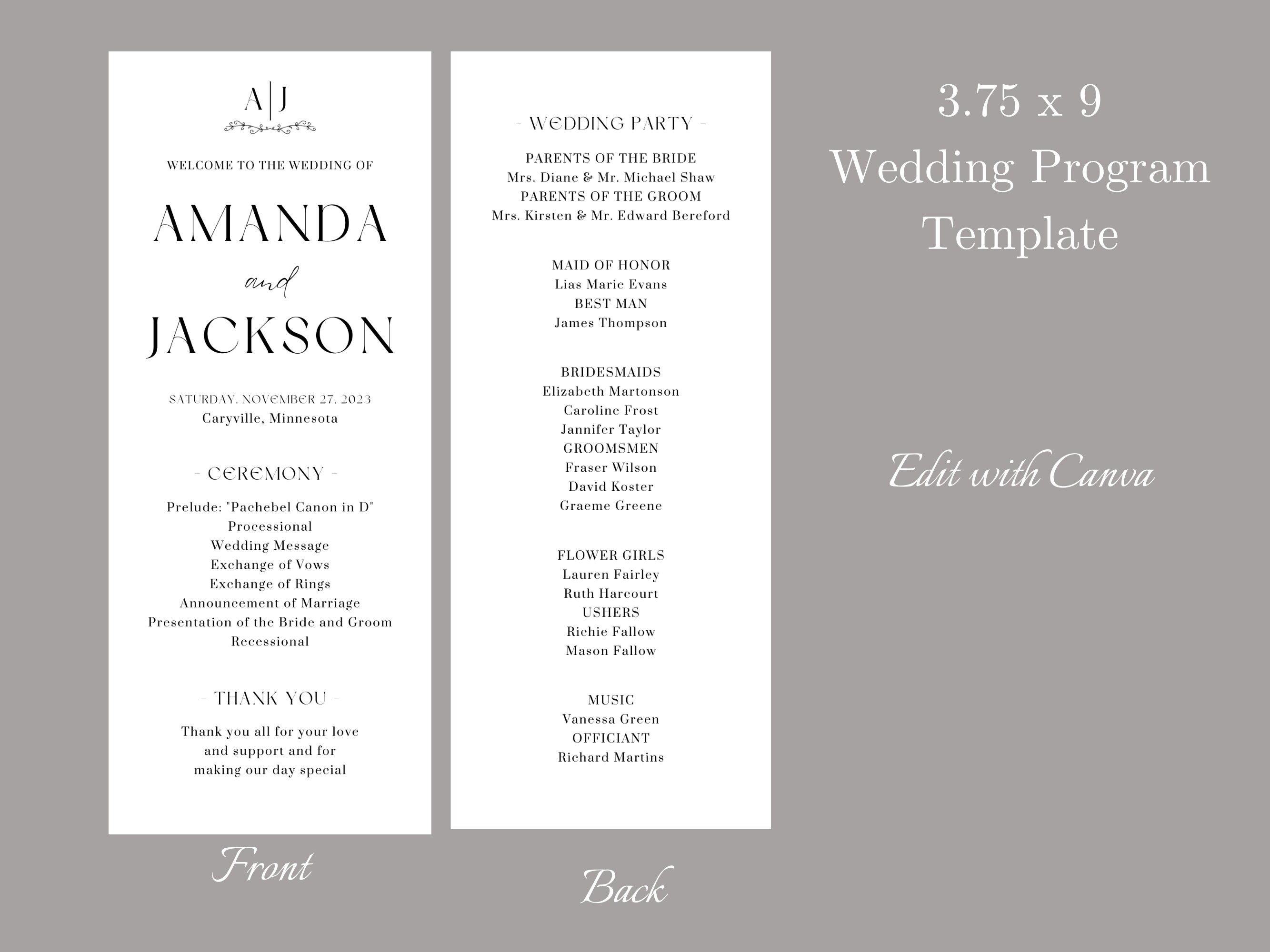 Modern Minimalist Wedding Program Template Monogram Wedding - Etsy