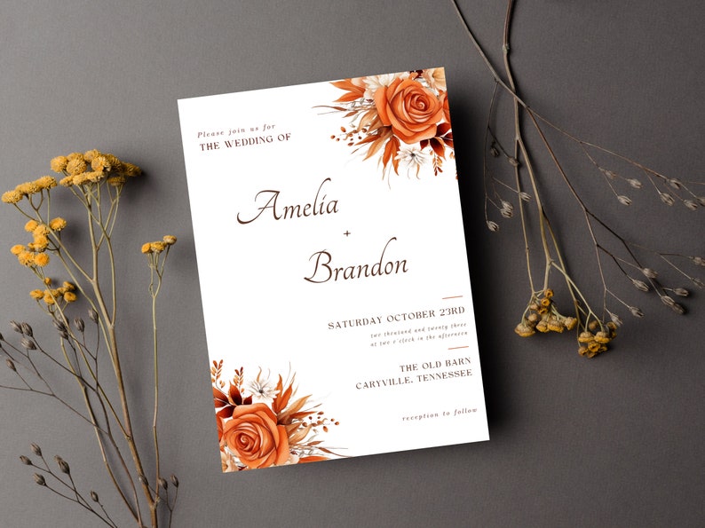 Rust Orange Floral Wedding Invitation Suite, Boho Fall Wedding Invite ...