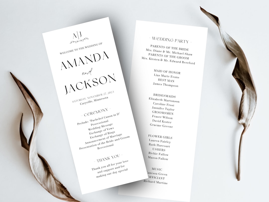 Modern Minimalist Wedding Program Template, Monogram Wedding Ceremony, Printable and Editable ...