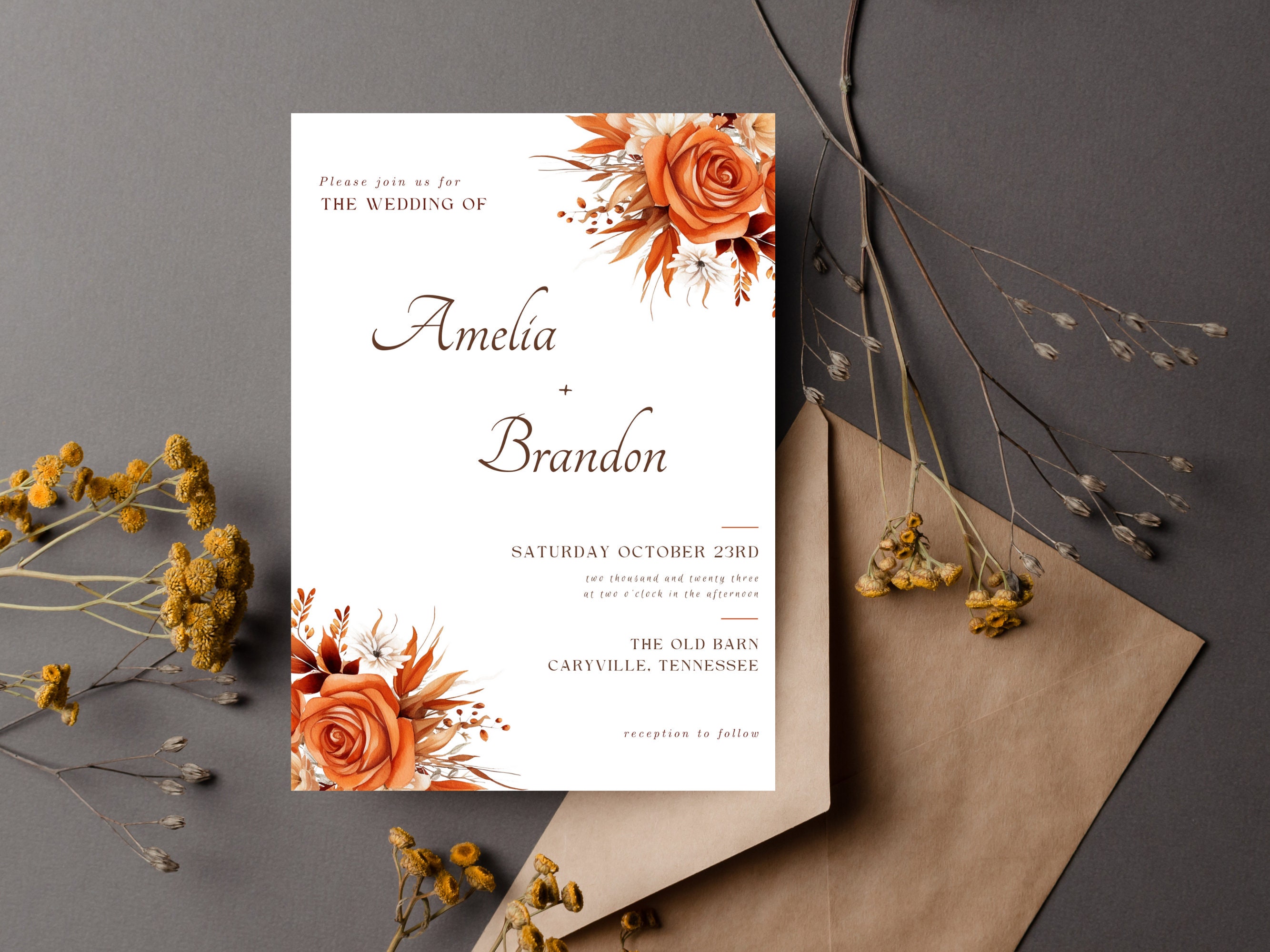 Rust Wedding Invitation Template Set | Editable Wedding Invitaton With ...