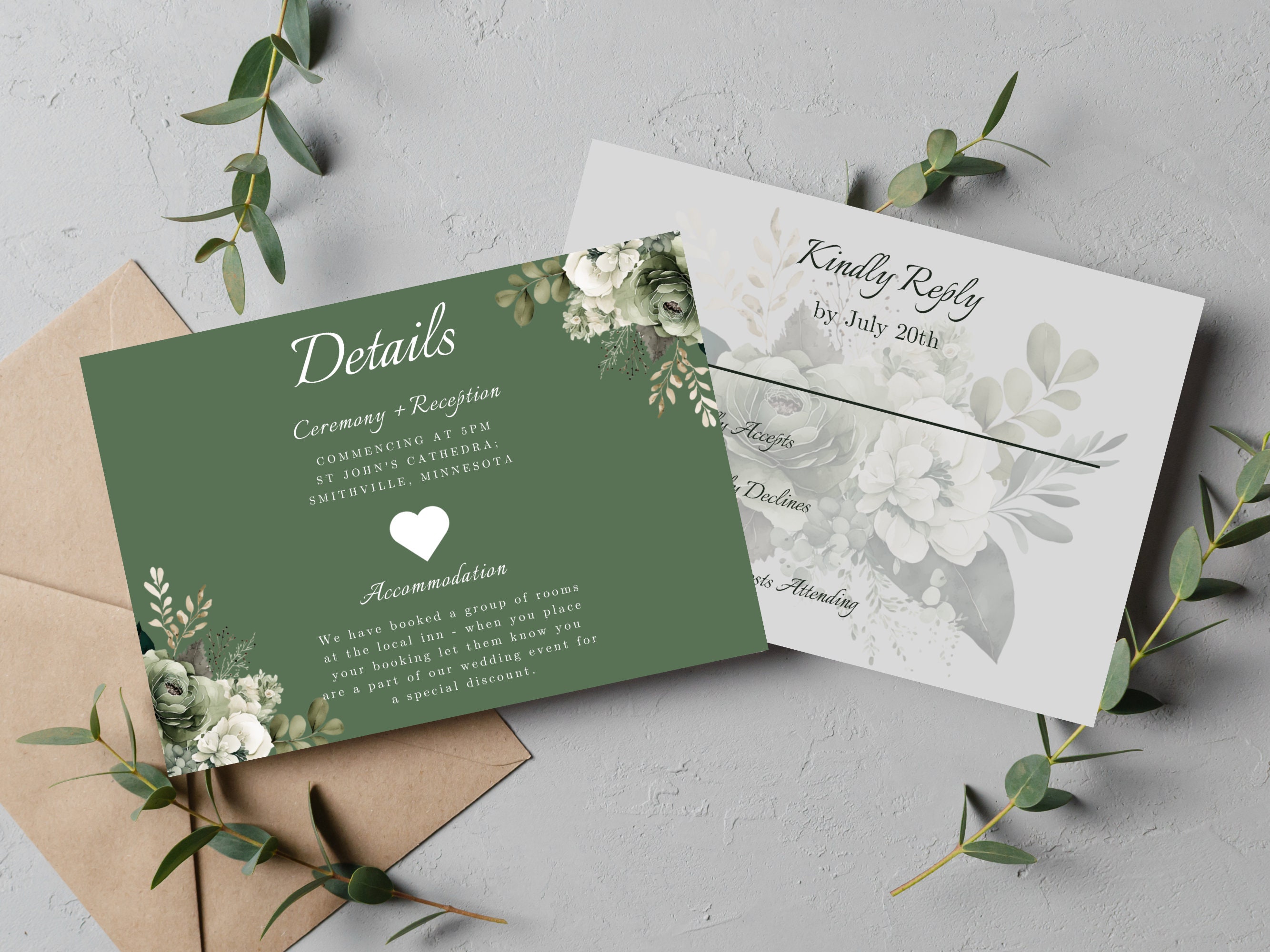 Sage Floral Wedding Invitation Template Set (digital Download) - Etsy